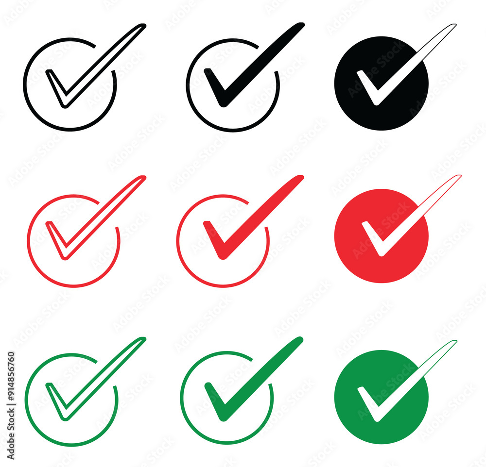 check mark stickers, correct icon set, tick box checked, approve symbol ...