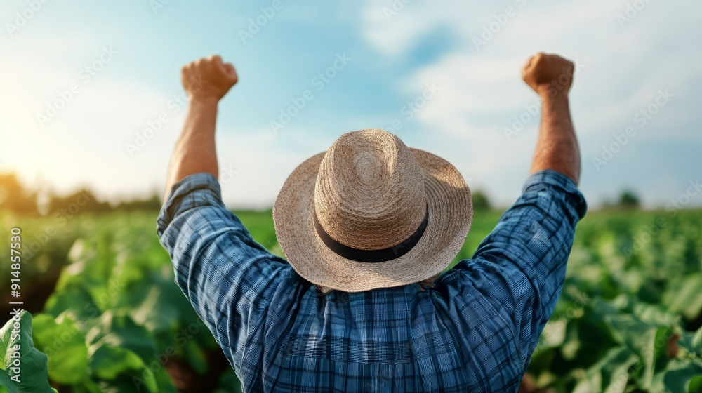 A joyful farmer celebrating in a lush green field under a bright sky ...
