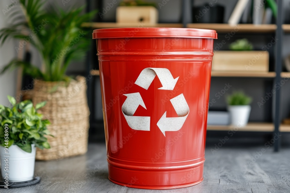 Bright red recycling bin indoors standing out in a modern setting ...