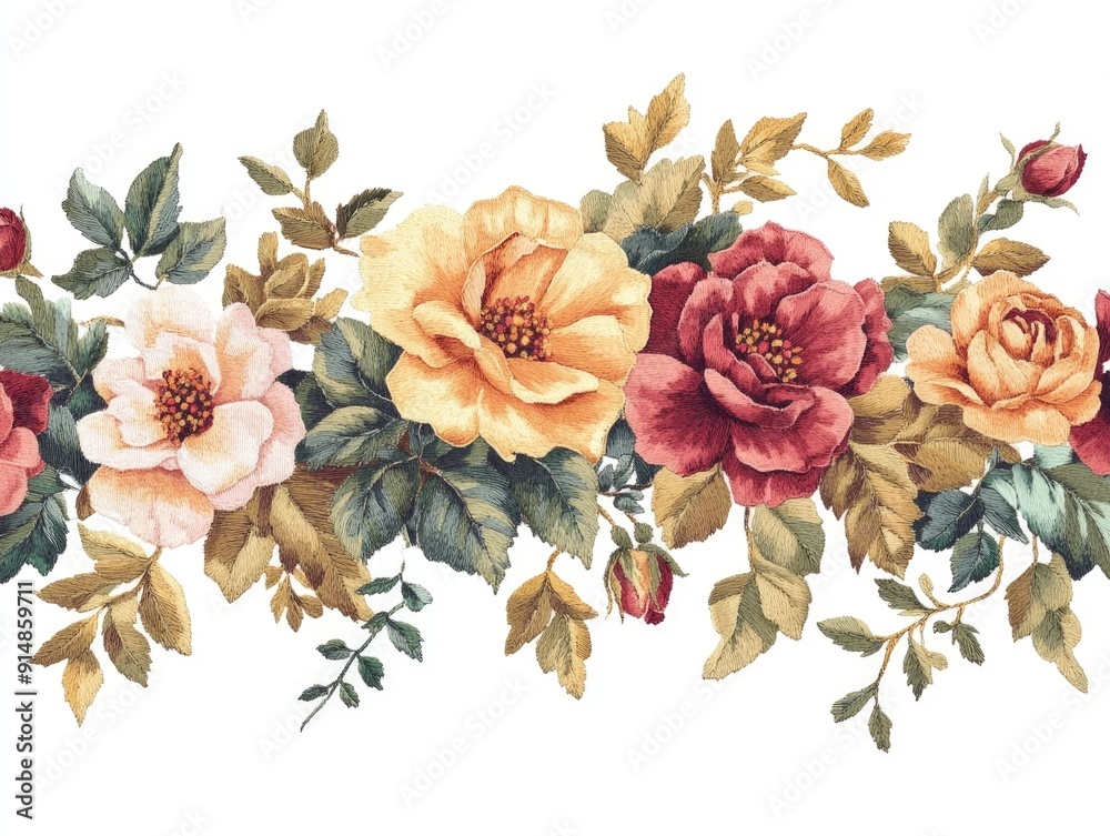 Elegant and traditional floral border with delicate roses and ivy in ...