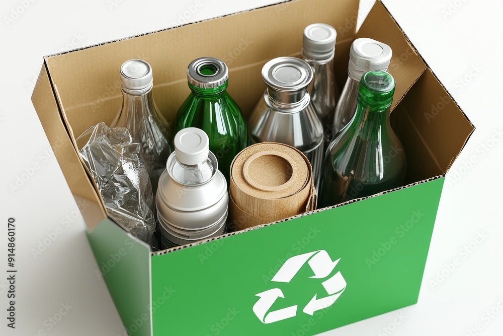 Green cardboard box filled with assorted recyclable bottles and ...