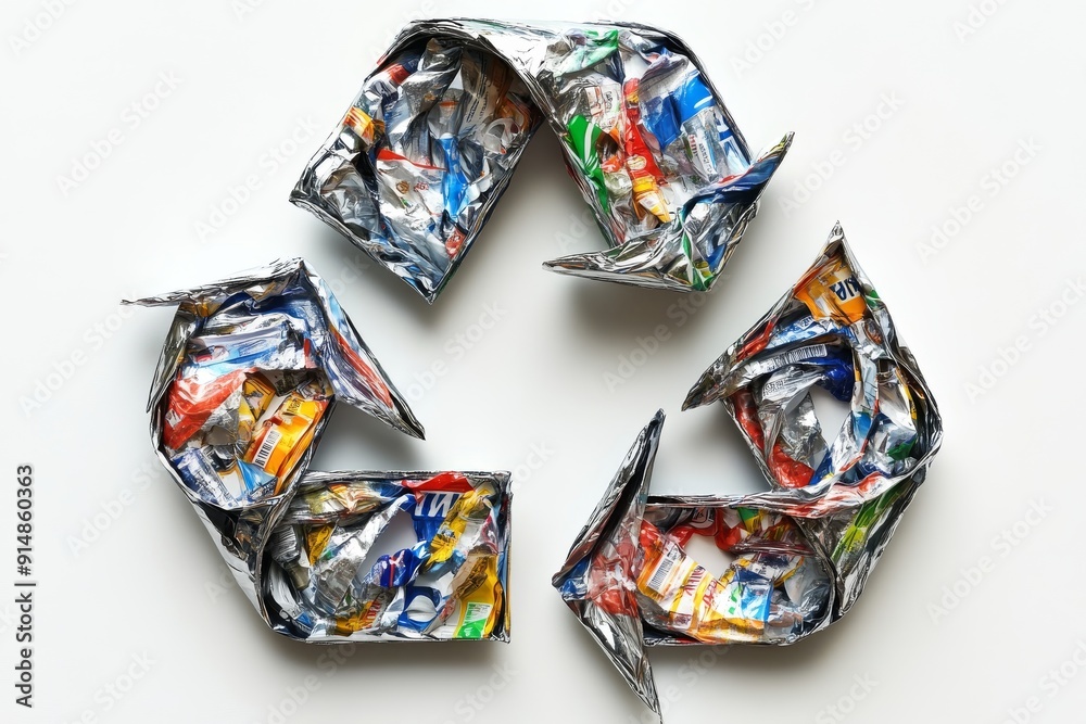Recycling symbol made of crumpled aluminum foil and metal scraps ...