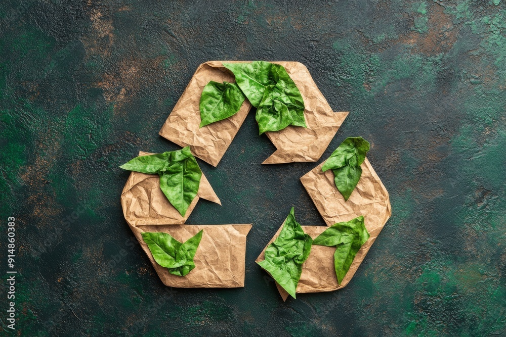 Recycling symbol made of crumpled brown paper with green accents on a ...