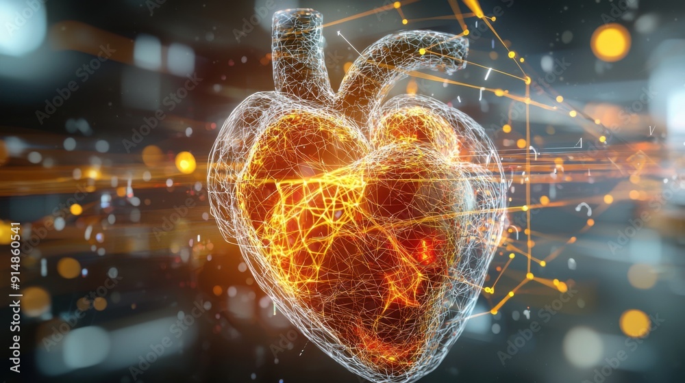 Realistic depiction of a human heart with highlighted sections showing ...