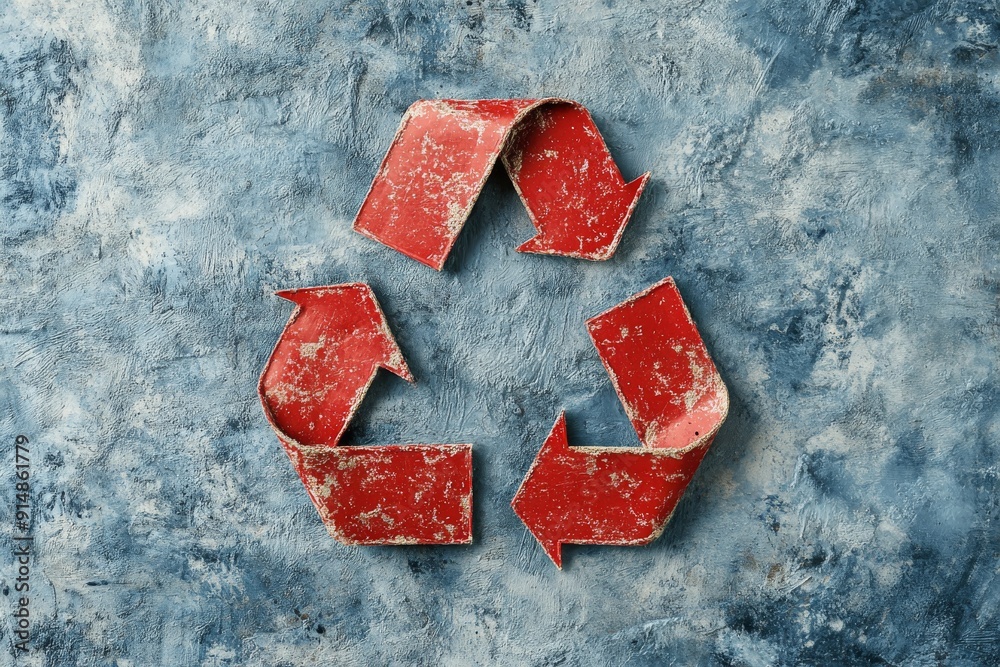 Bold red recycling symbol with distressed textures on a weathered blue ...