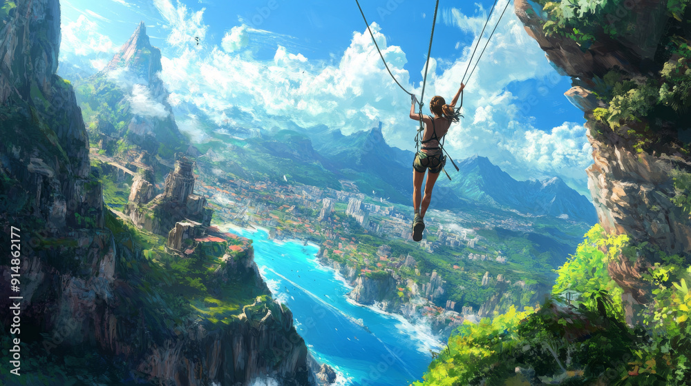 Show someone exploring a new place—hiking a mountain, zip-lining ...