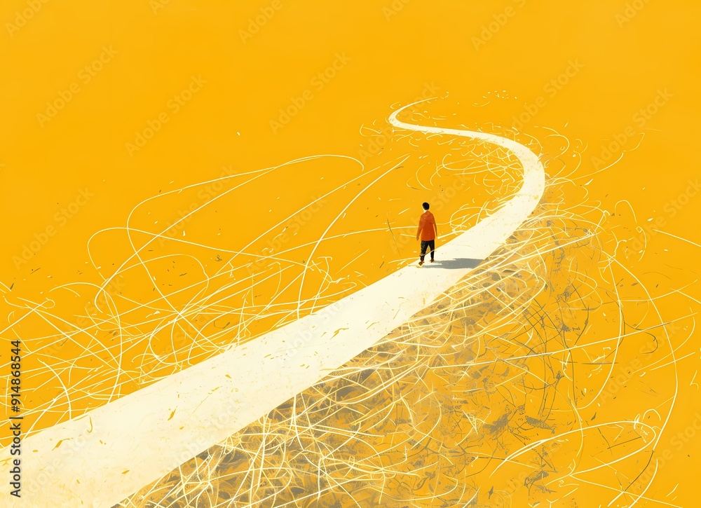 Businessman running away from mess chaos line. concept of find solution ...