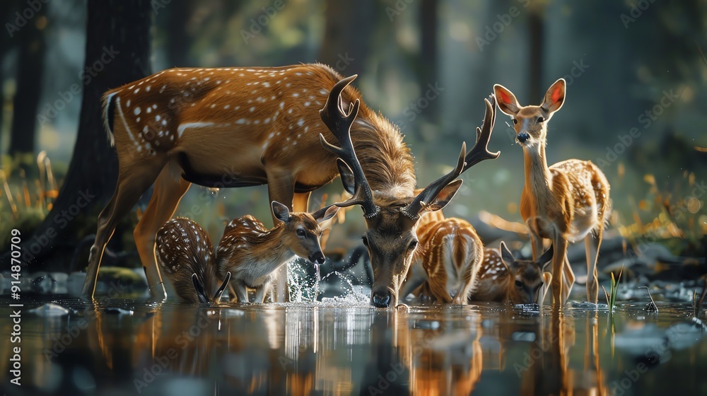 Forest animals sharing a watering hole during a drought, wildlife ...
