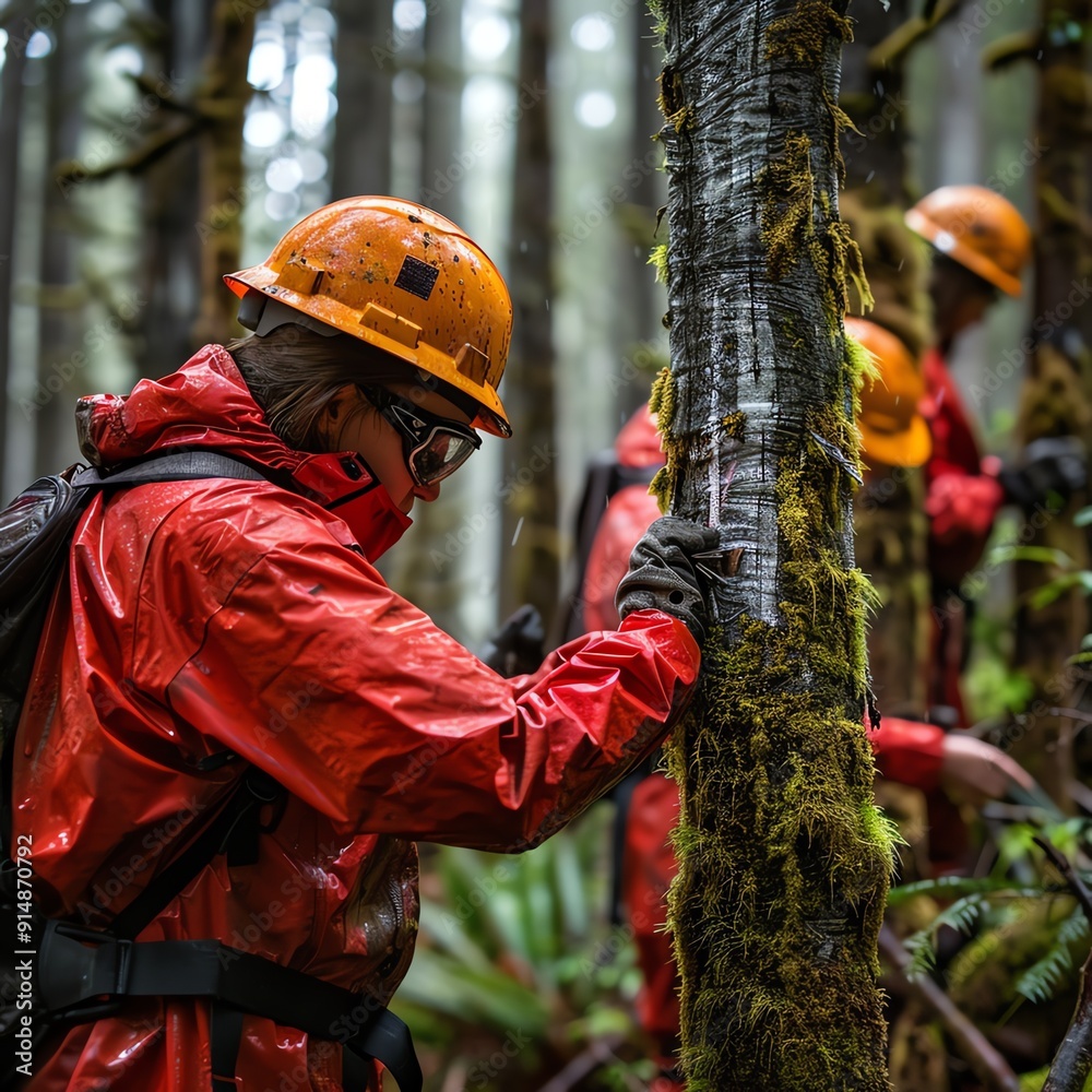 Forest conservationists marking trees for selective logging, forest ...