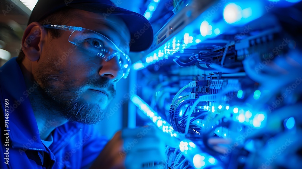 An engineer checking network cables, illuminated by cool blue lights ...