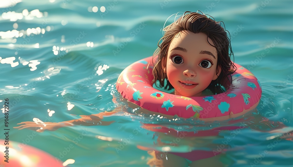 The animated girl floating in the clear water, wearing retro glasses ...