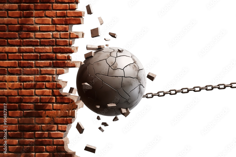 Wrecking ball Attached to a chain Destroying a brick wall PNG isolated ...