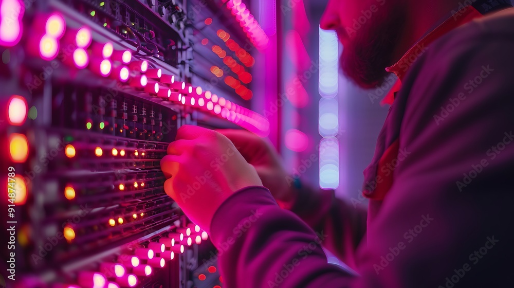 An engineer installing a new server rack, front view, precise cable ...