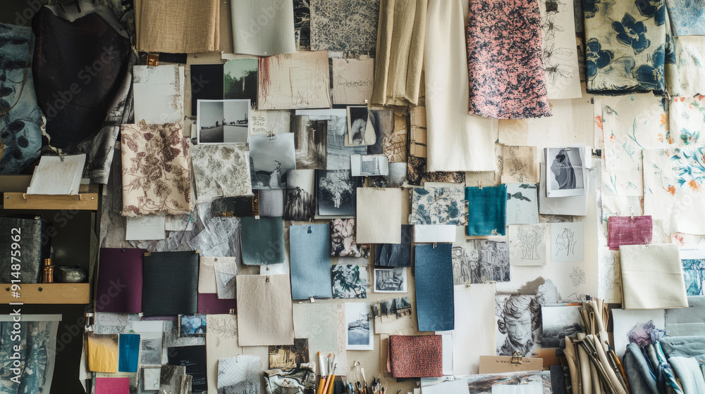 Illustrate a mood board or inspiration wall filled with fabric swatches ...