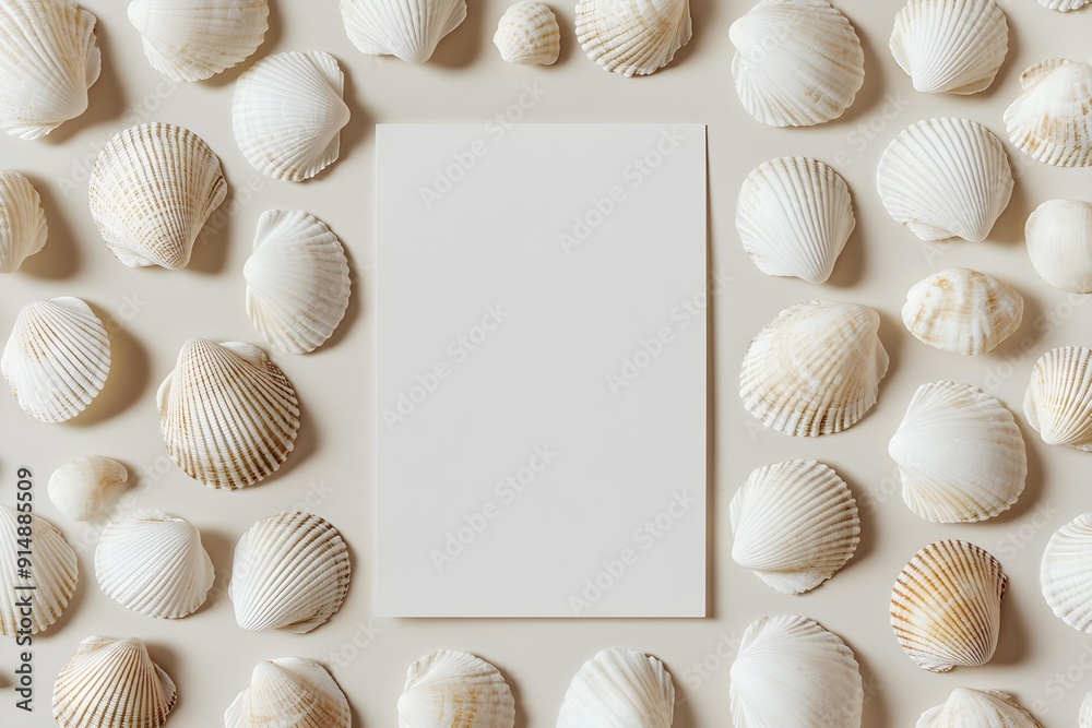 Neutral beige and white seashells pattern background. Blank paper ...