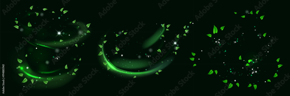 Green shiny line spiral spring wind effect with dust particles and ...