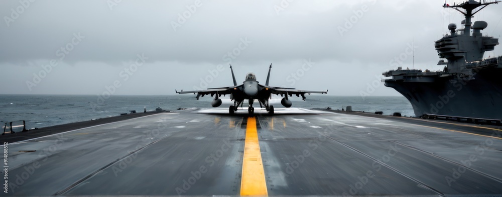 fighters sit on the flight deck of an aircraft carrier landing strip ...