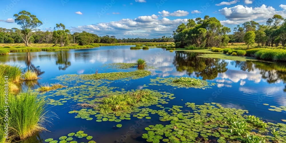 Wetland with aquatic plants in rural Australian landscape between ...