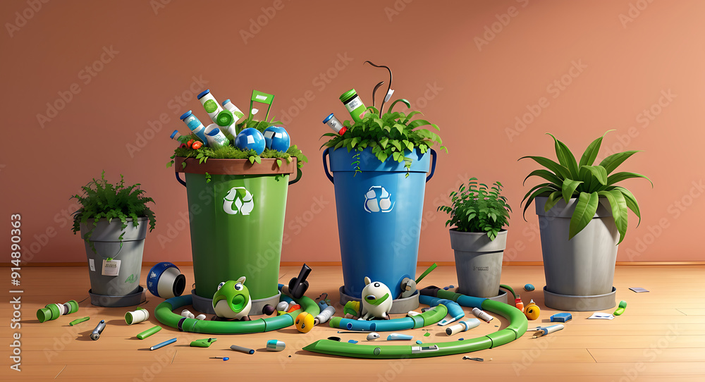 Artistic Representation of a Recycling Bin Surrounded by Various ...