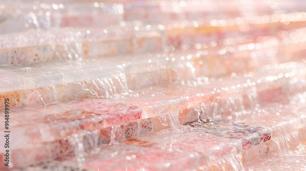 A stack of plastic wrappers on top of each other in front of a wall of ...