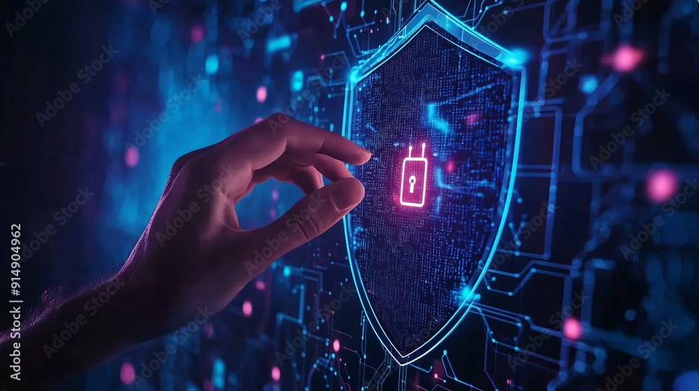 Cybersecurity and internet data protection are depicted with a person touching a virtual shield ...