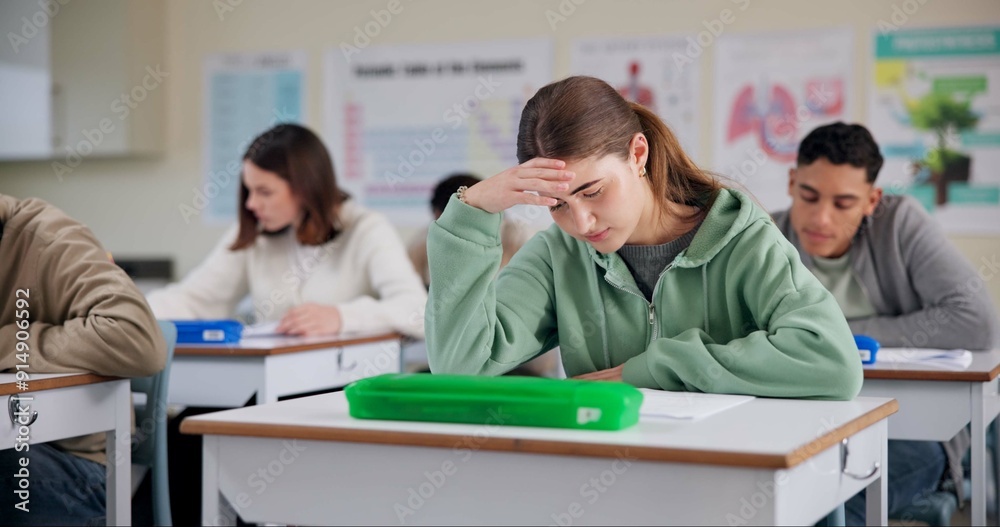 School, classroom and student with stress for exam, test and assessment ...