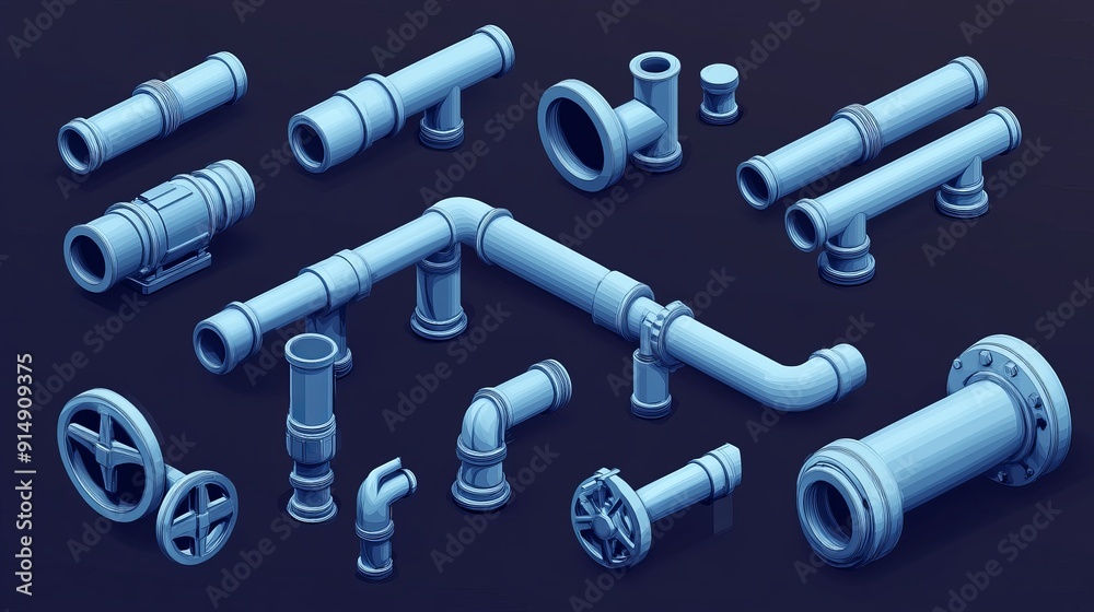 Isometric view of pipes including water tubes and a pipeline with a ...