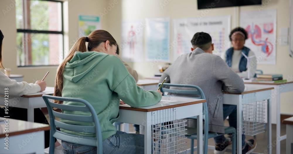 Back, education or girl in high school for exam, lesson or biology ...