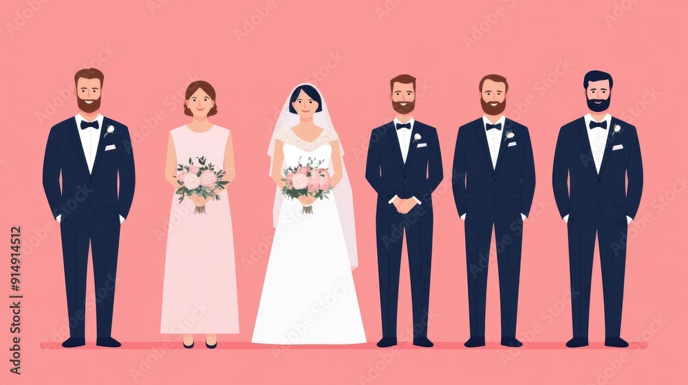 Lively depicting a bridal party with a radiant bride dashing groom and ...