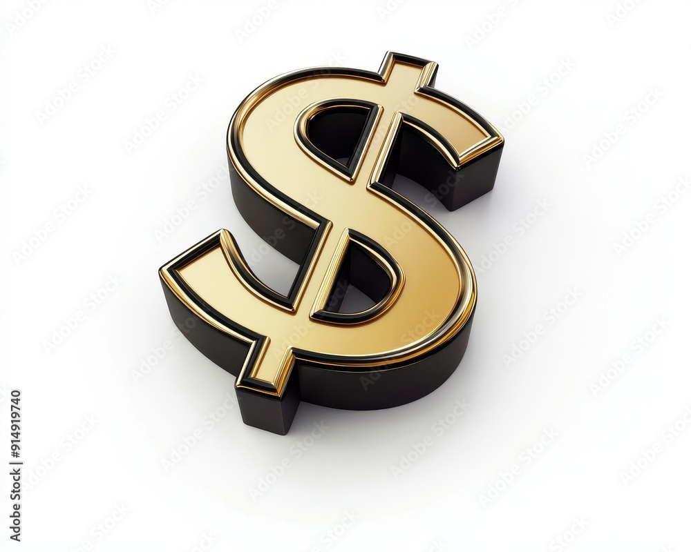 Shiny gold dollar sign symbol on a modern white background ...