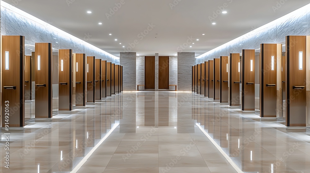 2. An empty public restroom with multiple stalls, highlighting ...