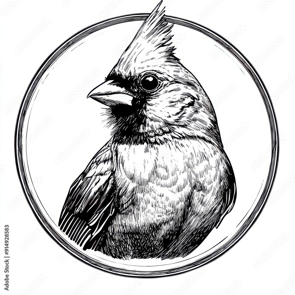 Black and white Vintage engraved art of a cardinal in a circular stamp ...