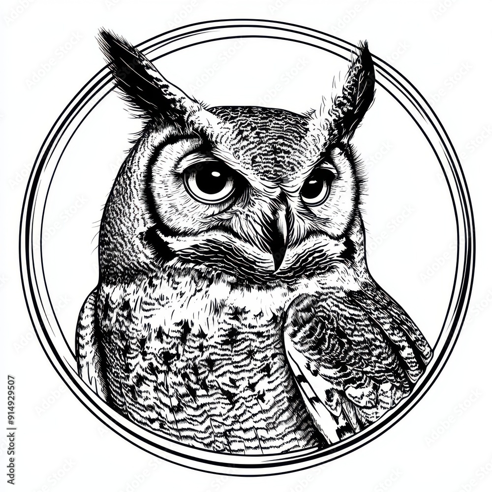 Black and white Vintage engraved art of a great horned owl in a ...