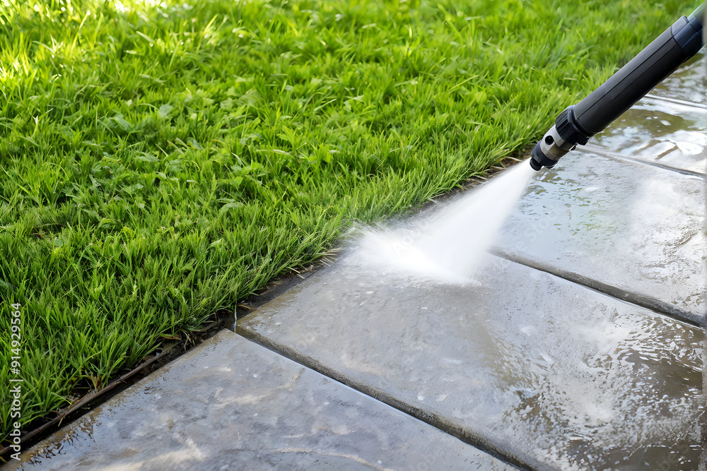 Washing Sidework Path by Pressure Washer with Landscaping Grass. Jet ...