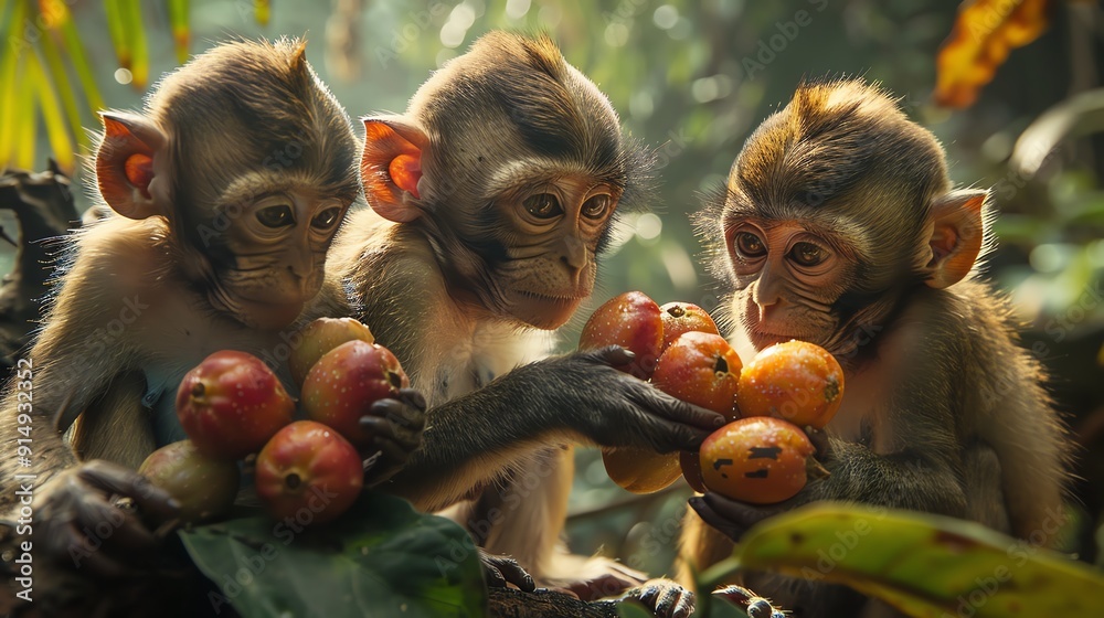 Endangered primates eating fruits from a rare tree species, flora food ...