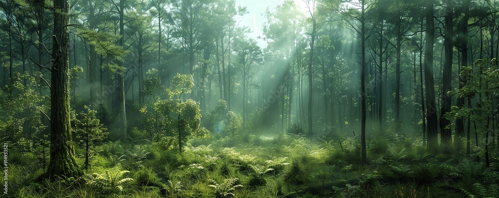 Temperate forest regrowth with a mix of old and new trees, landscape ...