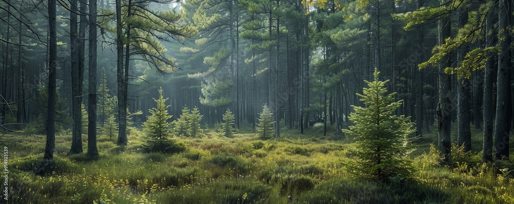 ภาพประกอบสต็อก Temperate forest regrowth with a mix of old and new ...