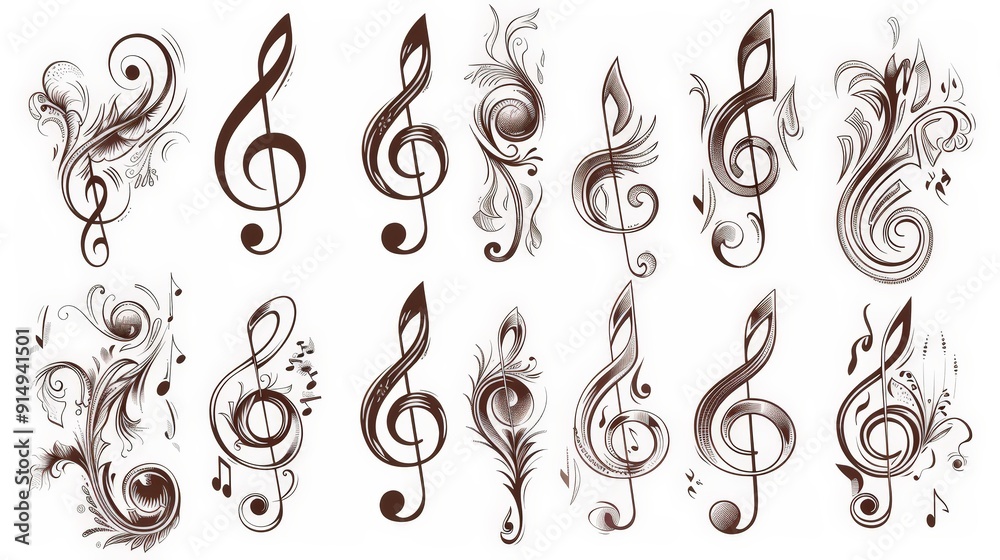 A set of intricately designed musical notes with varying styles, such ...