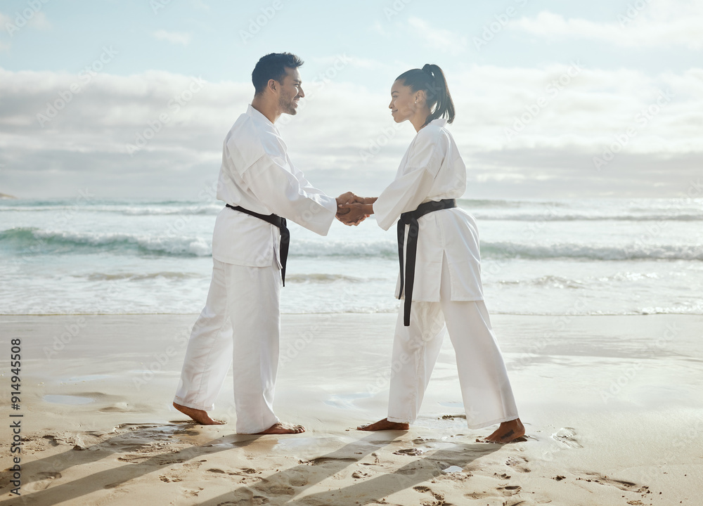 Martial arts, people and karate on beach for teaching, fitness and ...