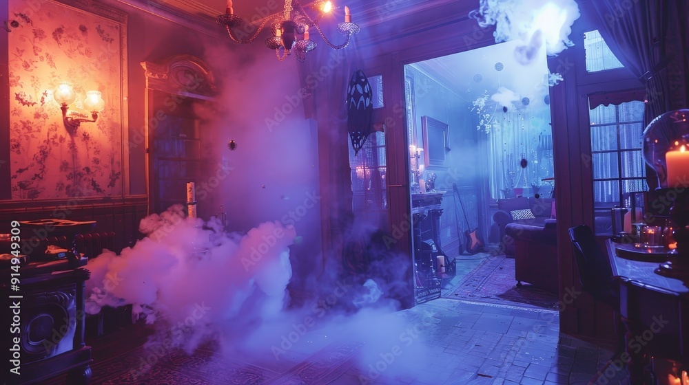 Design a haunted house party setting, with spooky props, fog machines ...
