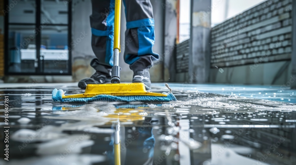 A worker wearing comprehensive safety gear meticulously mops down a ...