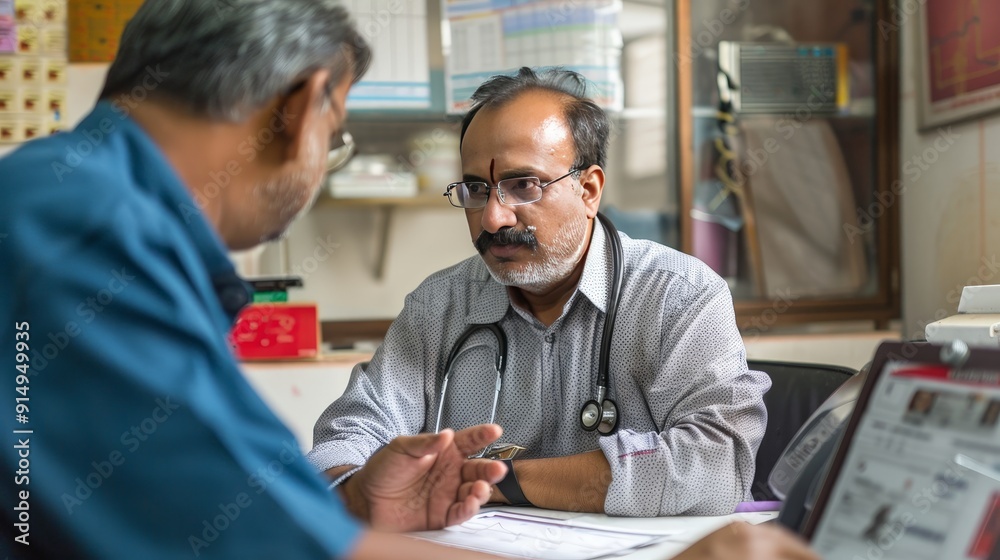 An Indian doctor in a cardiology department, reviewing an ECG printout ...