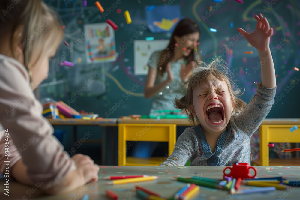 Crying child in a classroom, with a teacher and other children looking ...