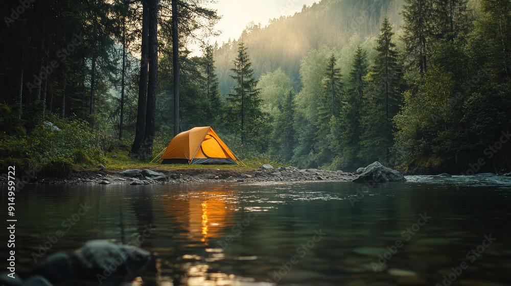 A scenic camping setup with a tent pitched in a forest by a river. The ...