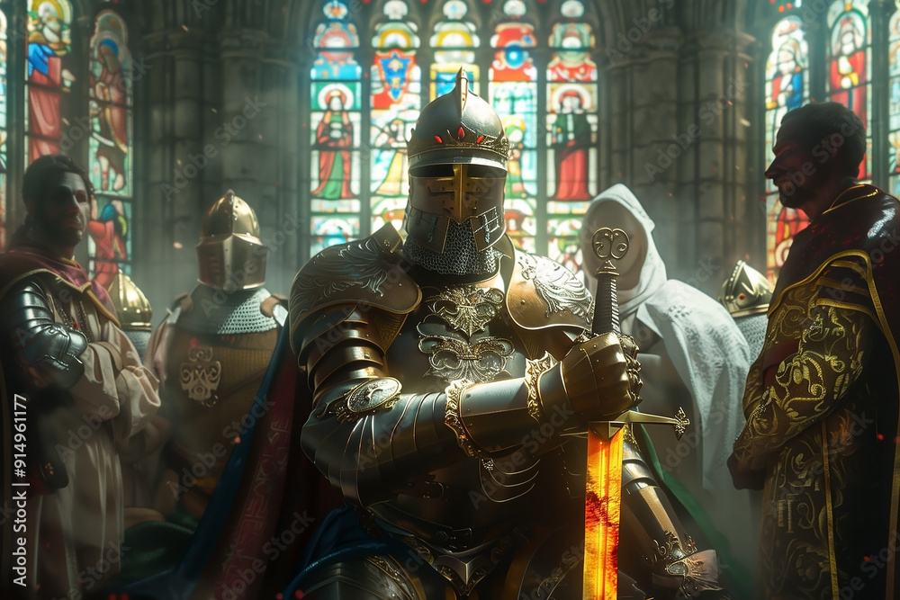 Knight in full plate armor, kneeling in a cathedral with stained glass ...