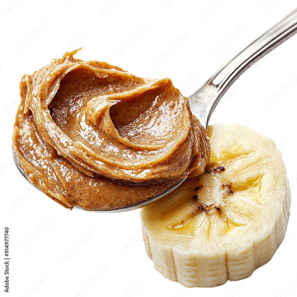 Creamy peanut butter on a spoon with fresh banana slice transparent ...