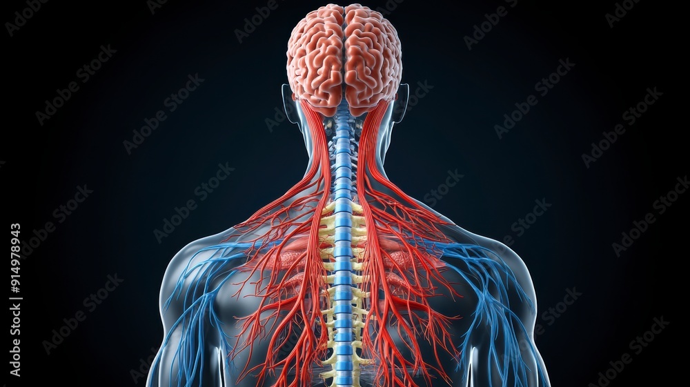 Detailed anatomical illustration showing the human brain and spinal ...