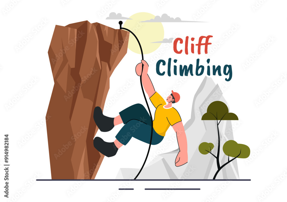 Vector Illustration of Cliff Climbing Featuring a Climber Ascending a ...