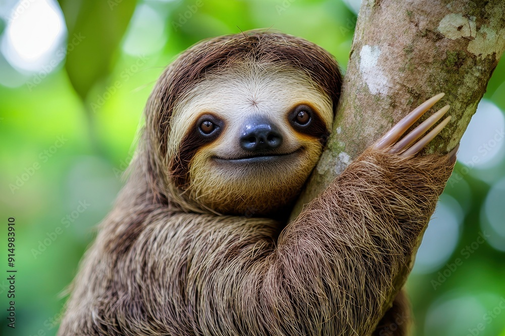 Funny sloth hanging on tree branch, cute face look, perfect portrait of ...