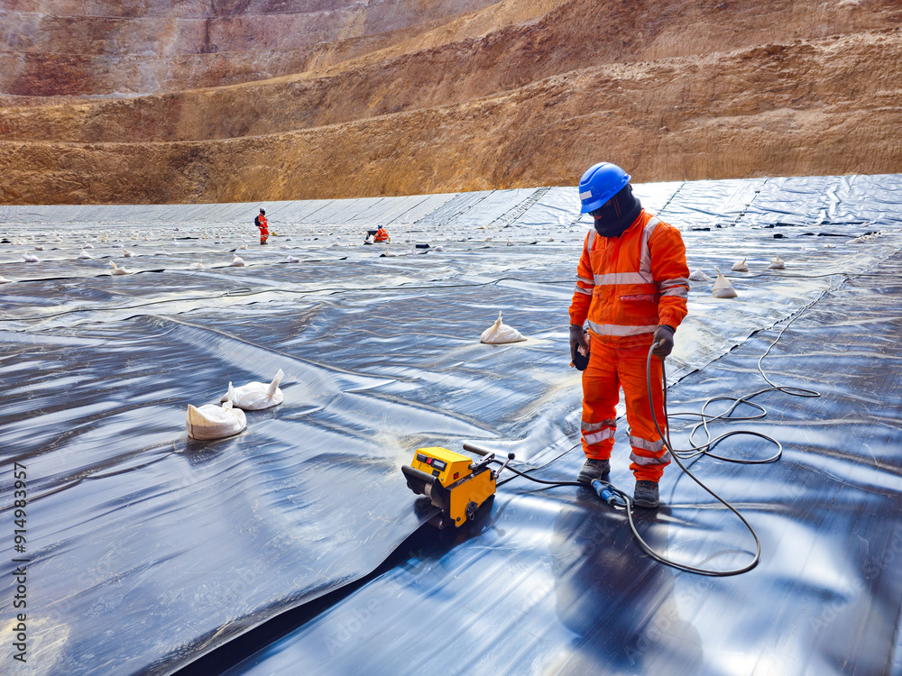 Installation process of geosynthetics in industry and mining Stock ...